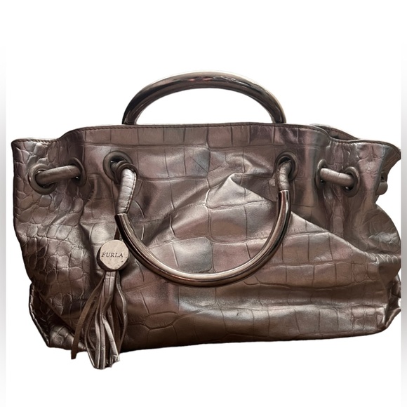 Furla | Bags | Furla Metallic Silver Genuine Leather Croc Embossed ...